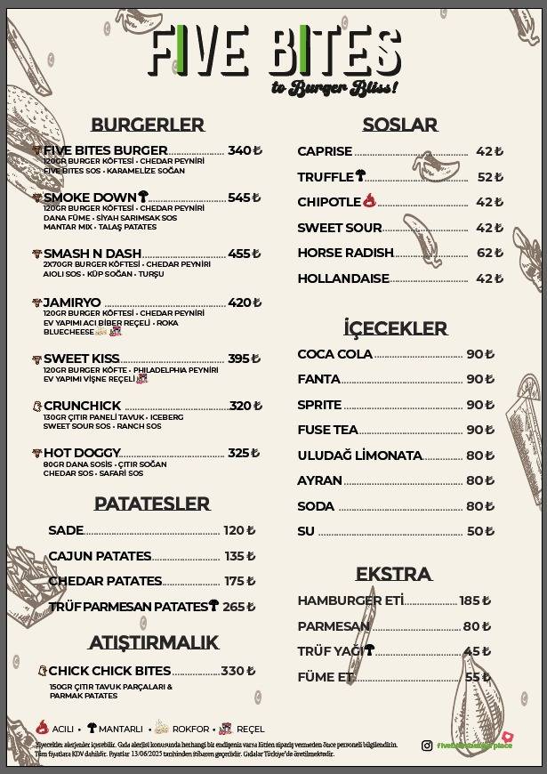 Menu at FiveBites Burger, Istanbul