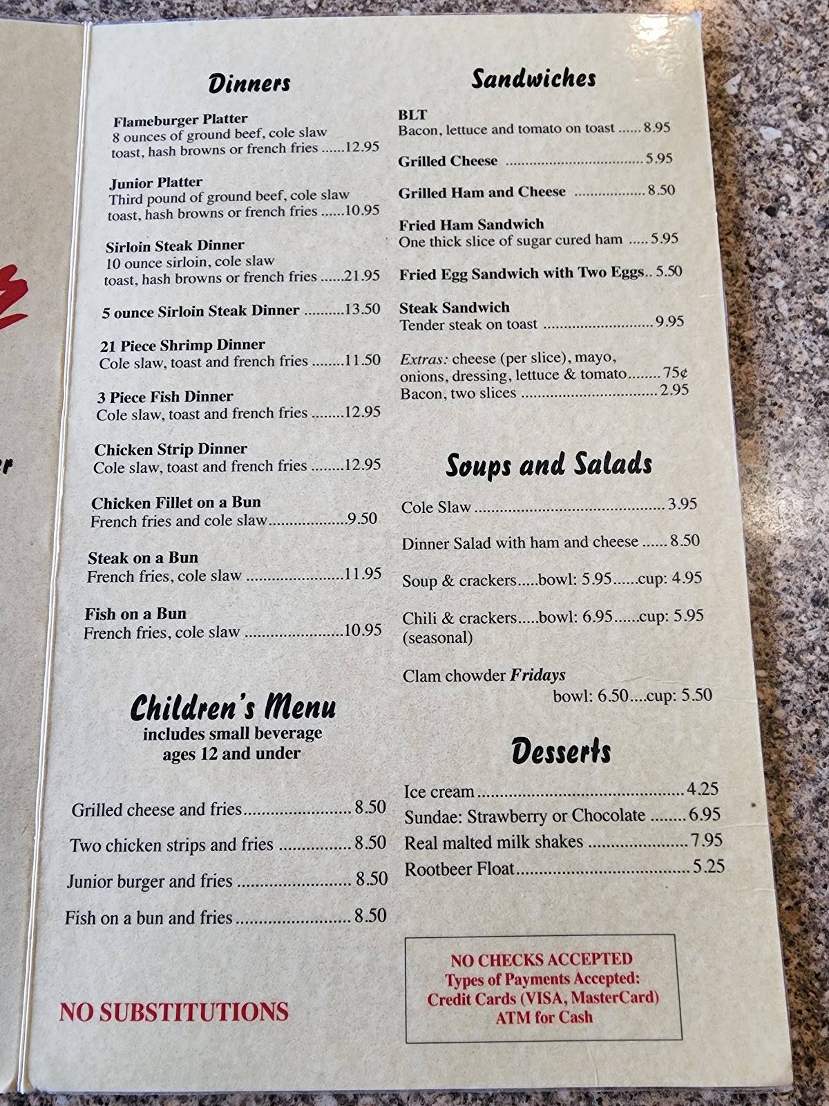 Menu at Flameburger restaurant, Minneapolis