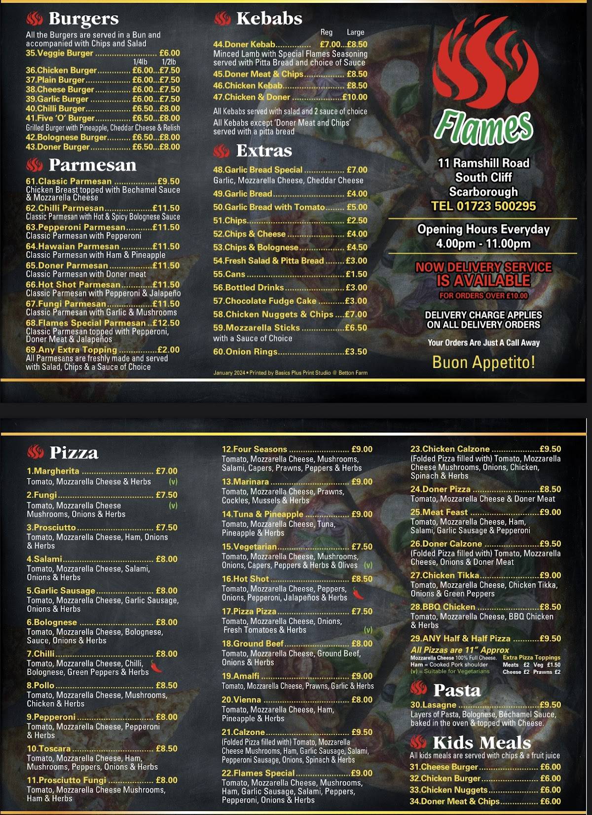 Menu at Flames Takeaway pizzeria, Scarborough