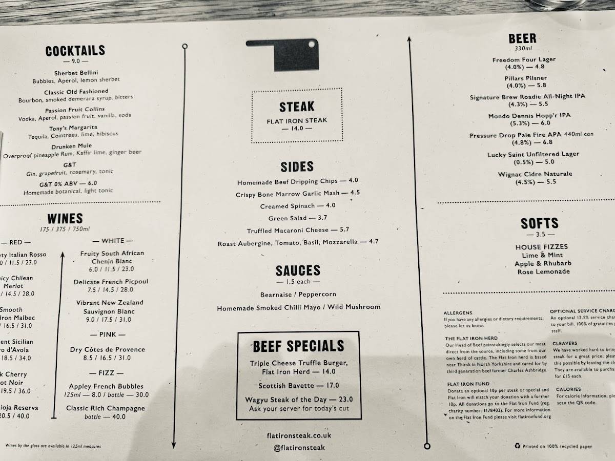 Menu at Flat Iron Tottenham Court Road steakhouse, London, 9 Denmark St