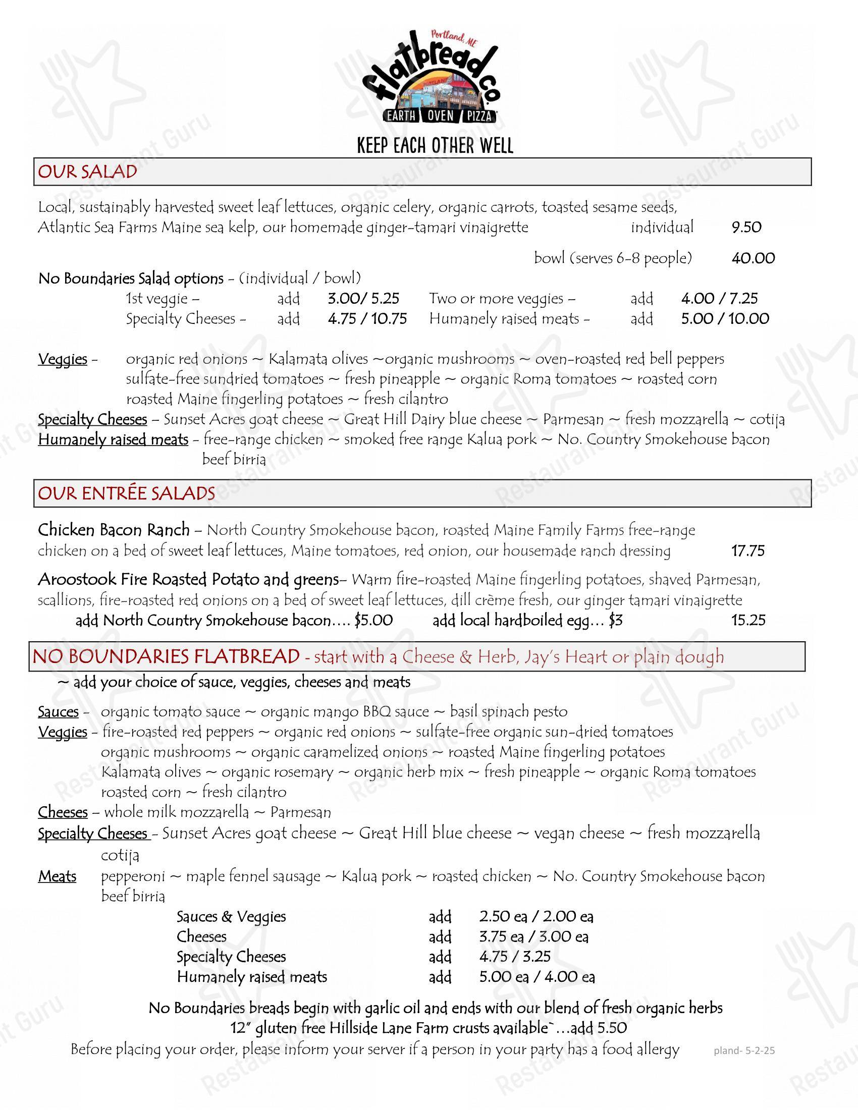 Menu at Flatbread Company pub & bar, Portland