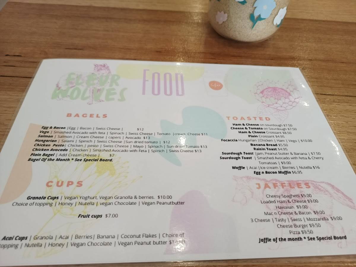 Menu at Fleur Wolves cafeteria, Geelong