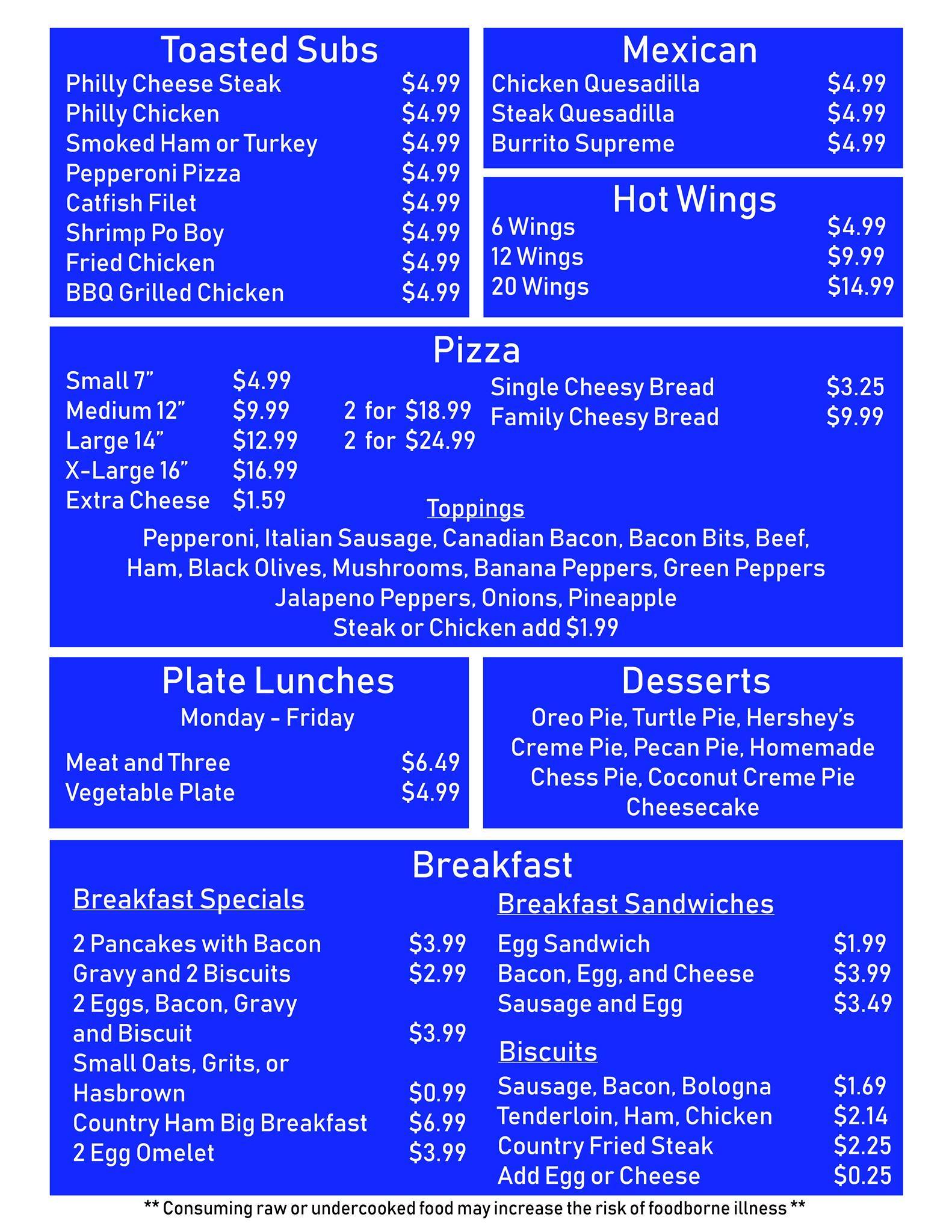 Menu at Flintville Mini Mart restaurant, Flintville