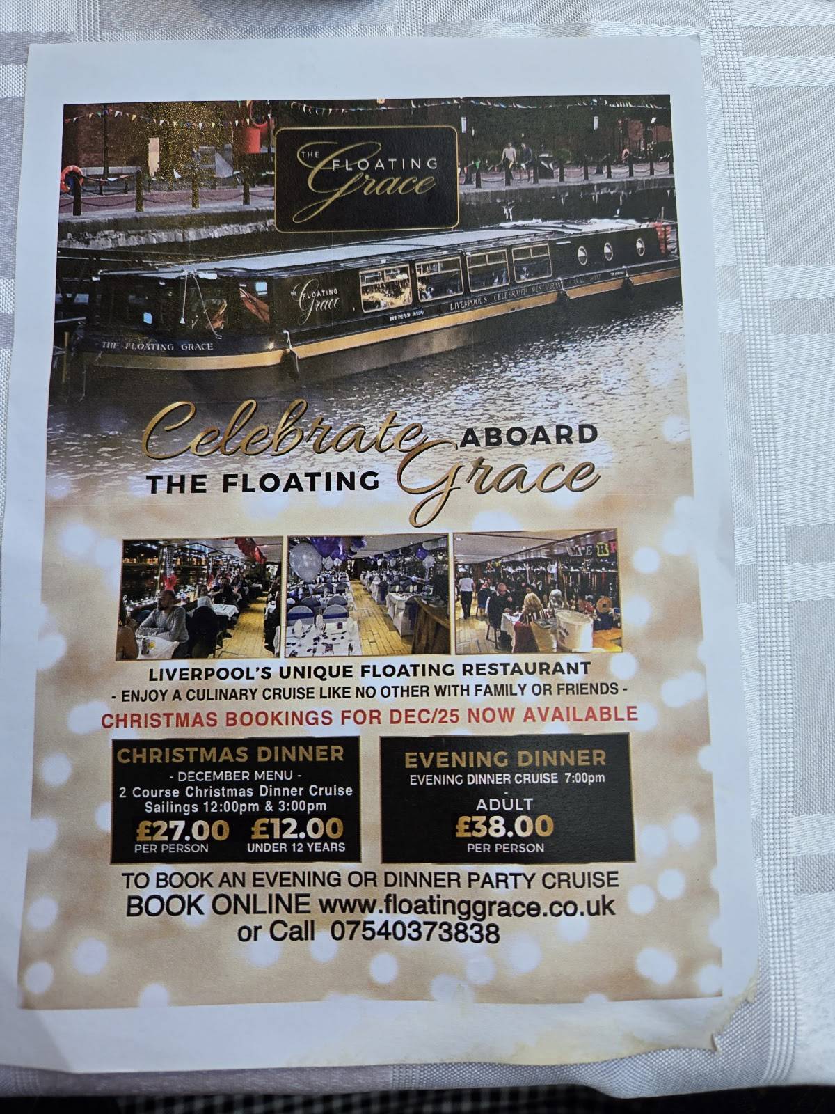 Menu at Floating Grace restaurant, Liverpool