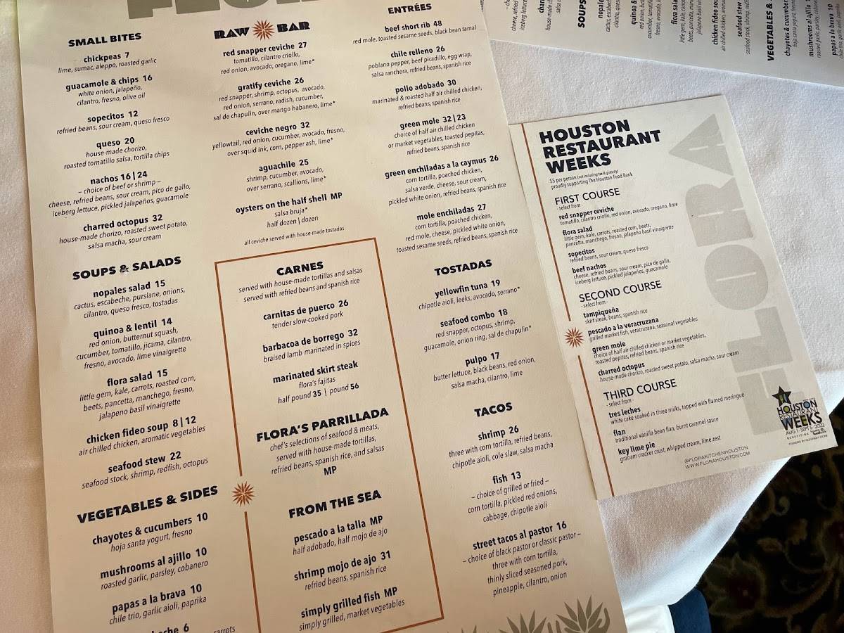 Menu at Flora restaurant, Houston