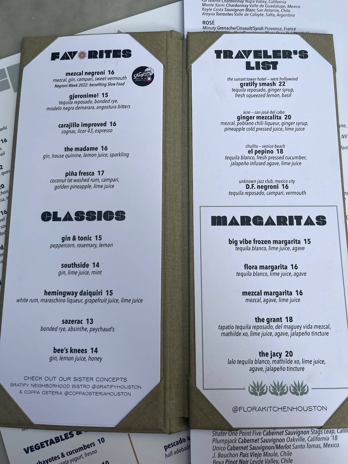 Menu at Flora restaurant, Houston