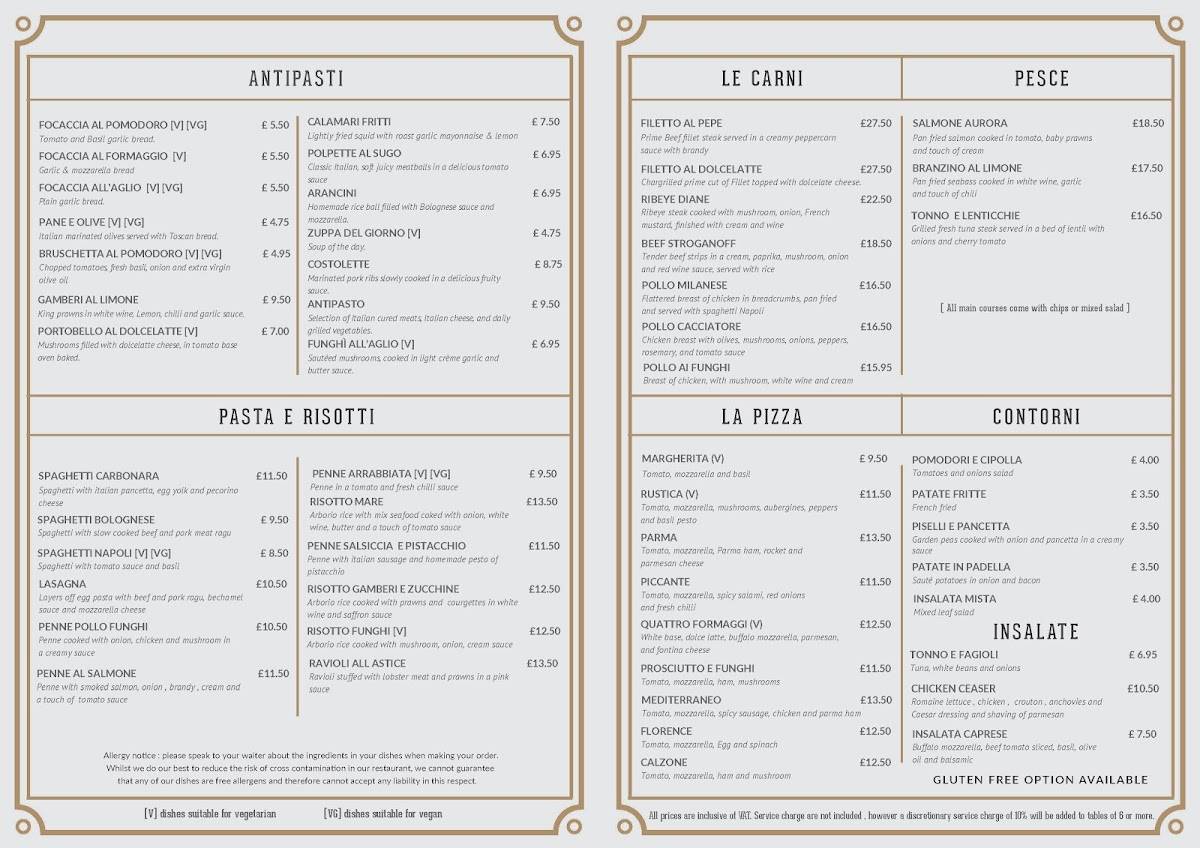 Menu at Florence restaurant, Heywood