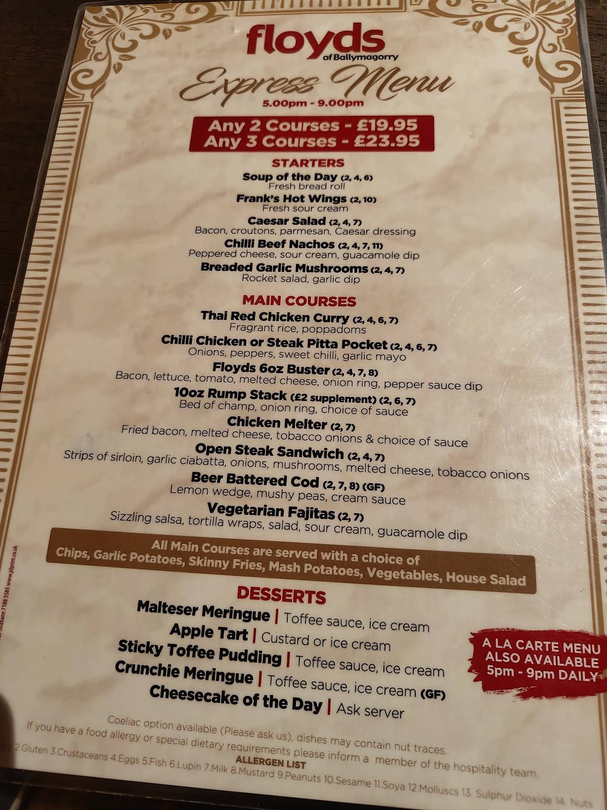 Menu at Floyds restaurant, Strabane
