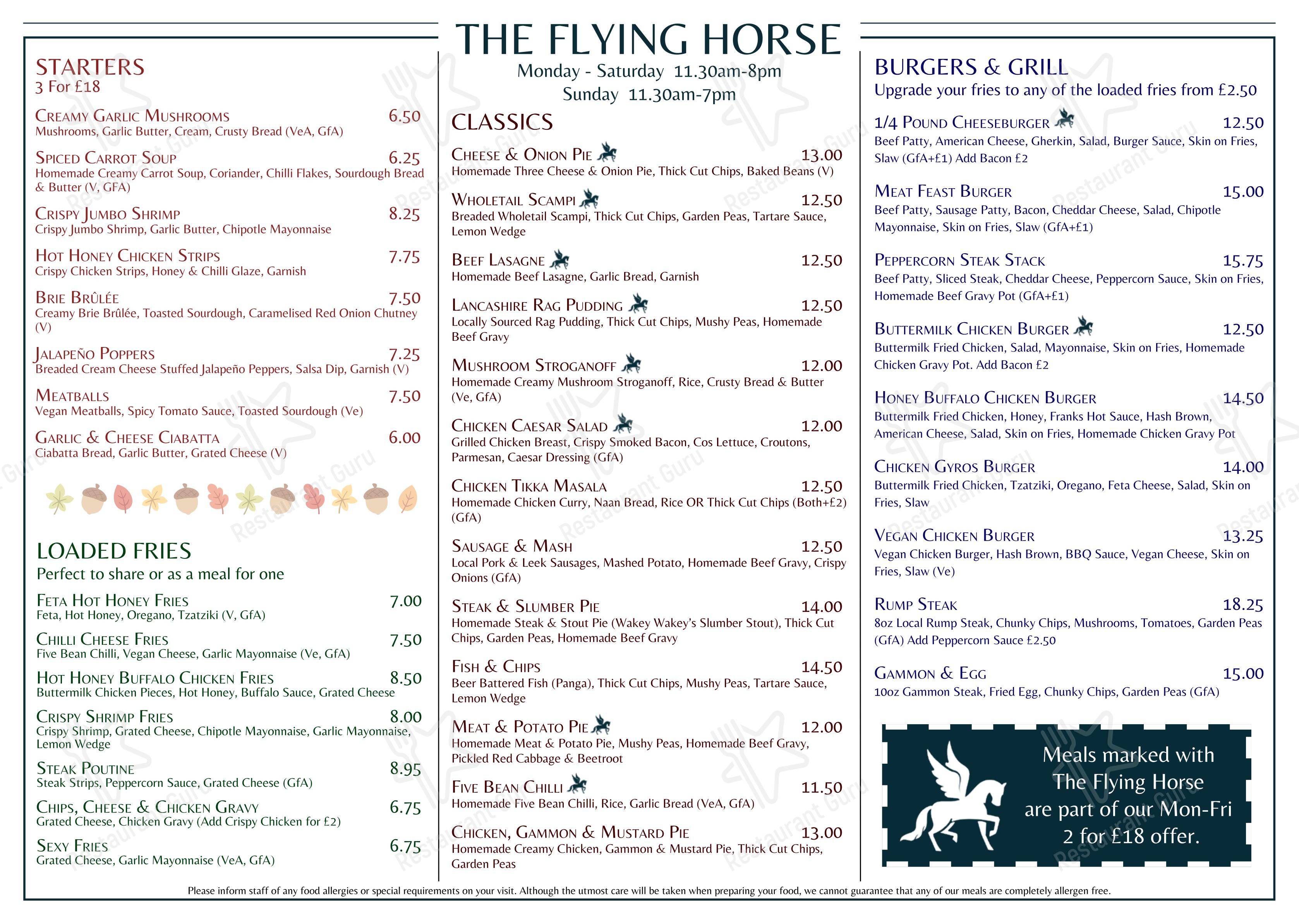 Menu at Flying Horse Hotel pub & bar, Rochdale