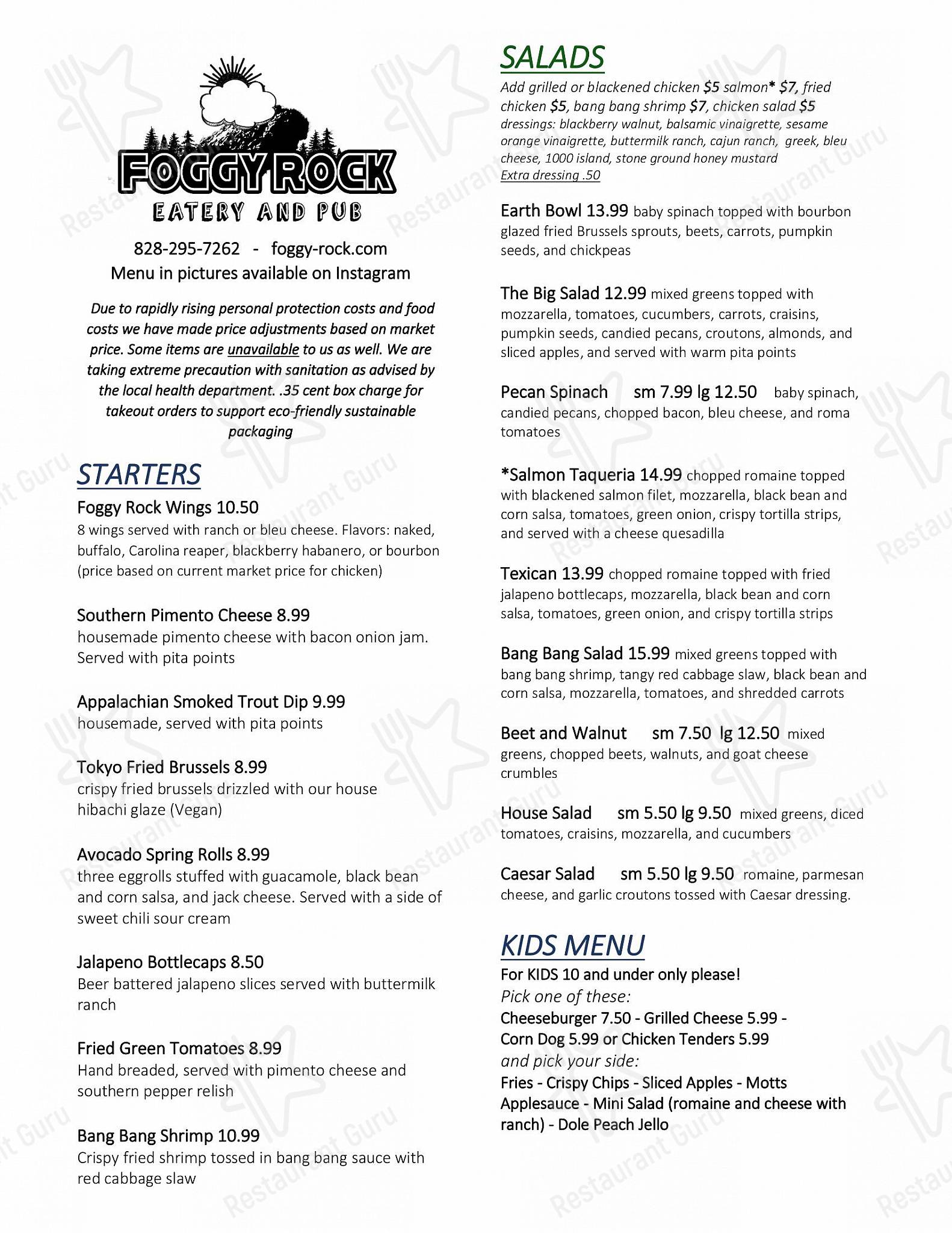 Menu at Foggy Rock pub & bar, Blowing Rock