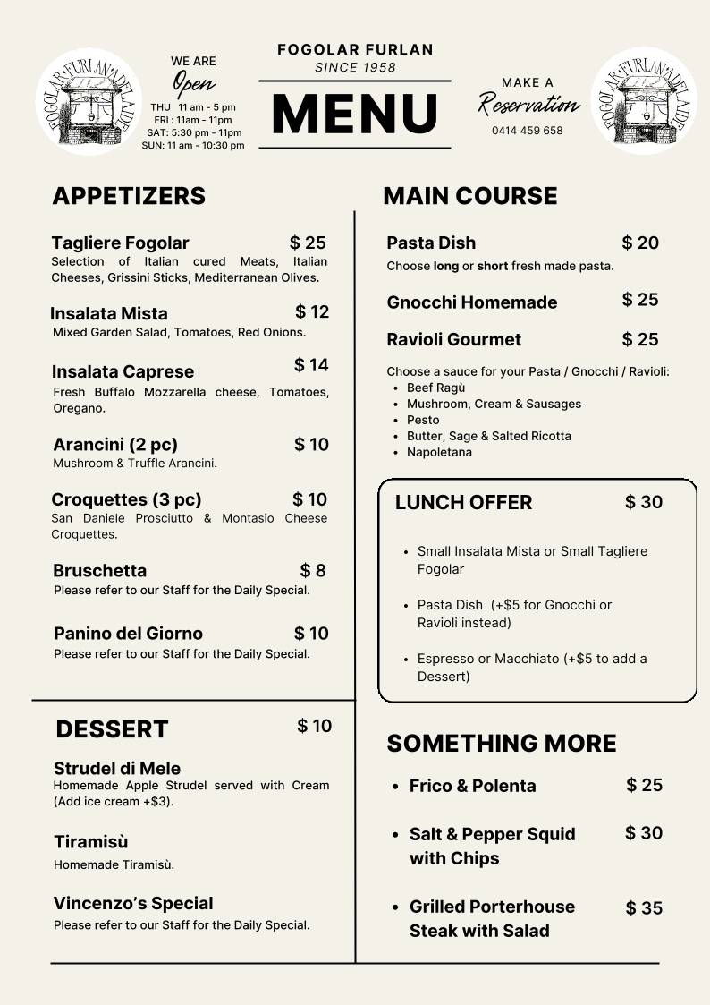 Menu at Fogolar Furlan pub & bar, Felixstow