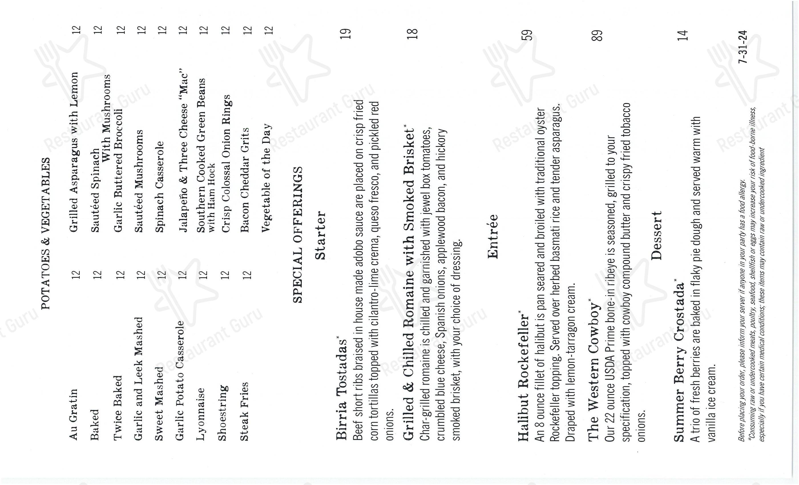 Menu at Folk's Folly Prime Steak House steakhouse, Memphis