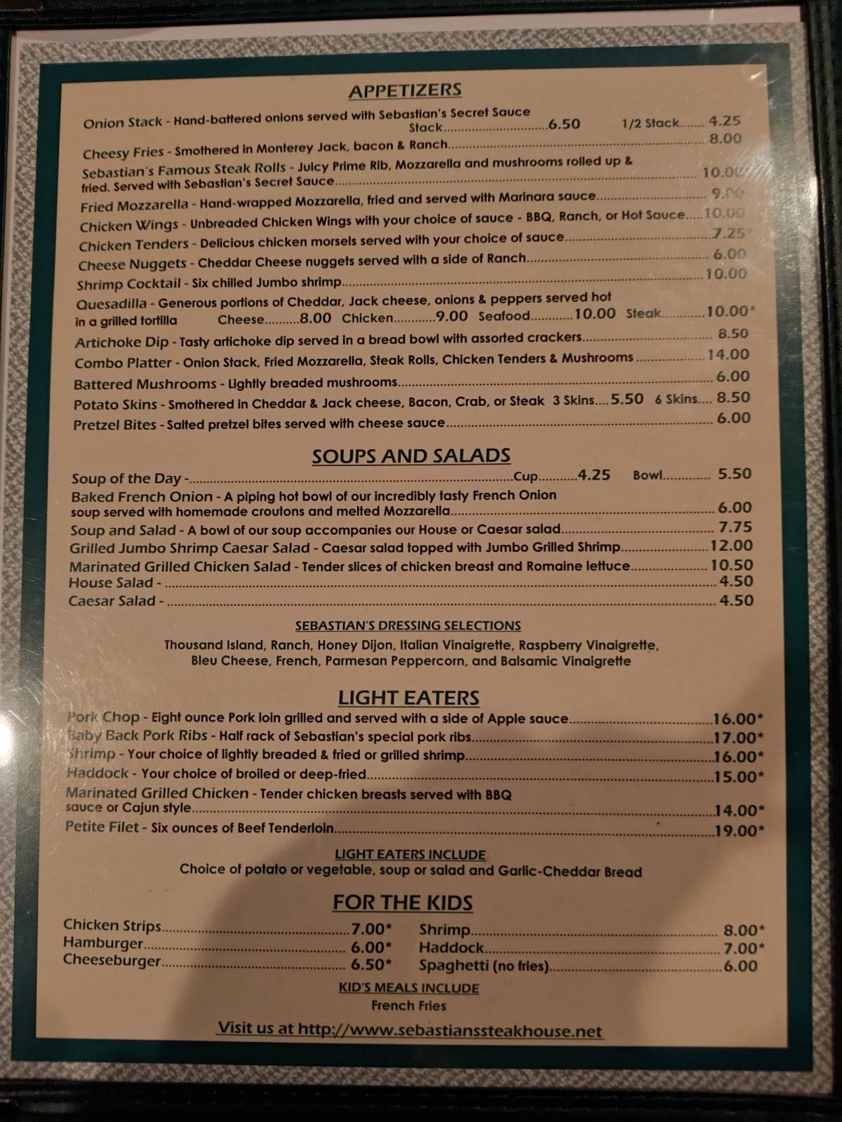 Menu at Sebastian's Steak House steakhouse, Fond du Lac