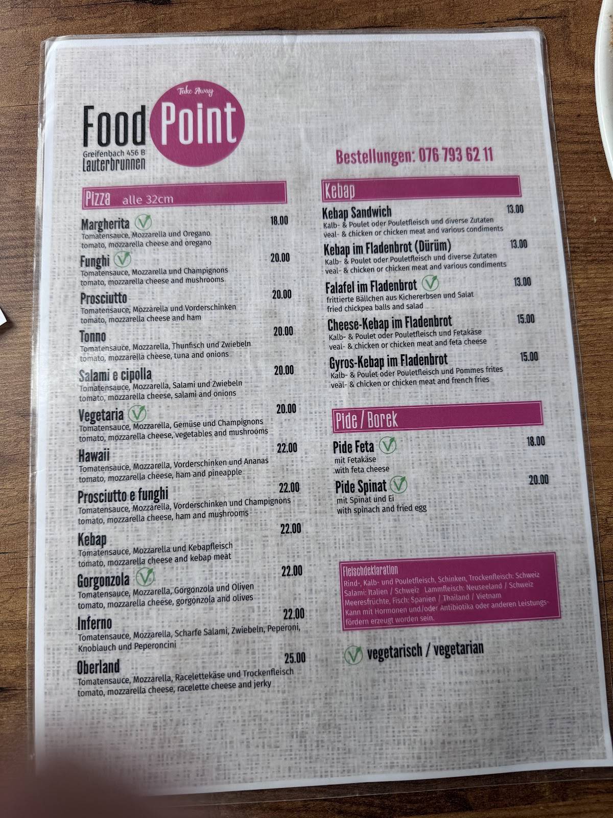 Menu at Food Point Kebap, Lauterbrunnen