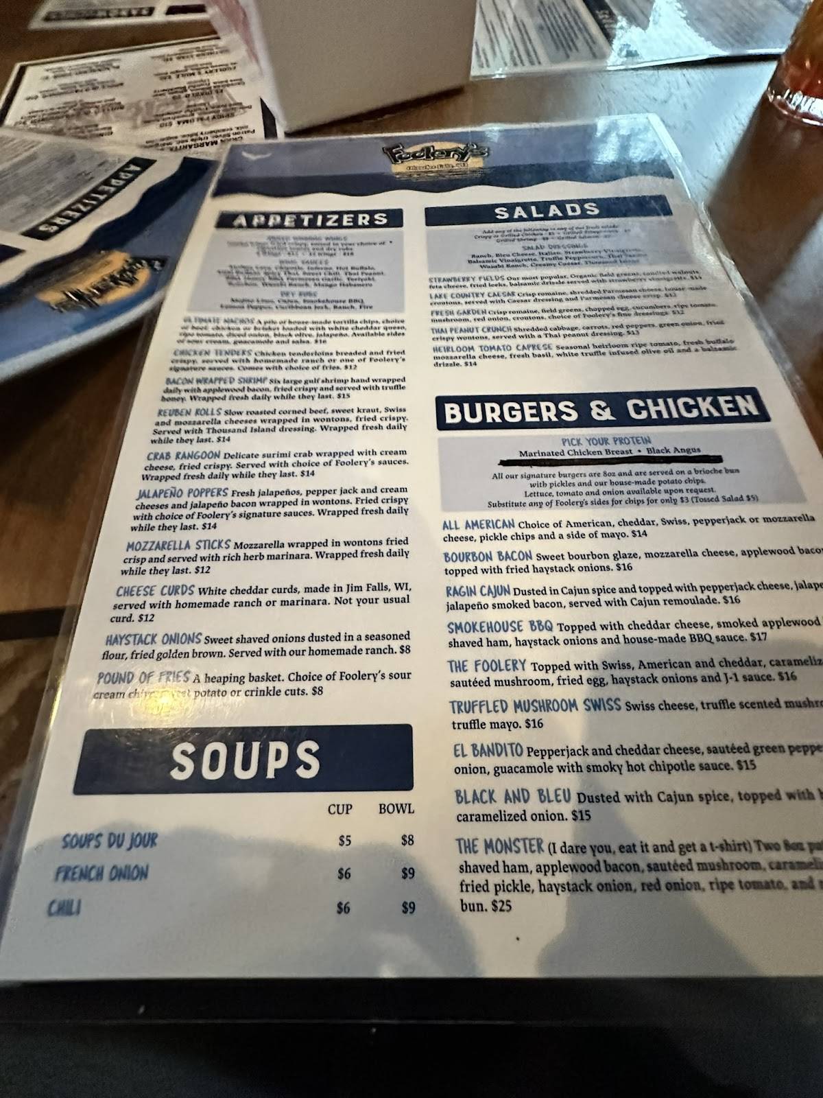 Menu at Foolery's on Okauchee Lake pub & bar, Oconomowoc