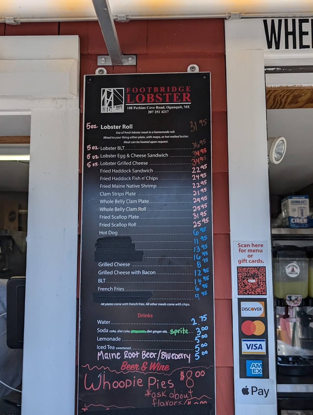 Menu at Footbridge Lobster restaurant, Ogunquit