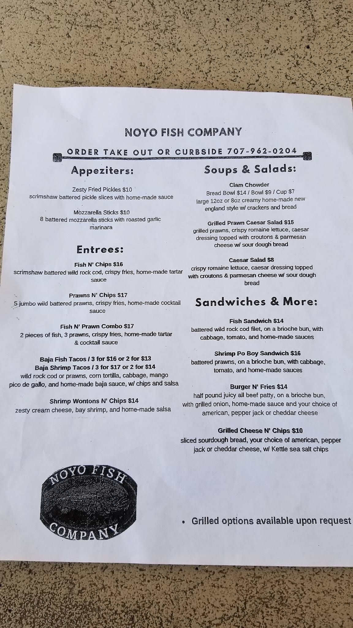 Menu at Noyo Fish Company restaurant, Fort Bragg