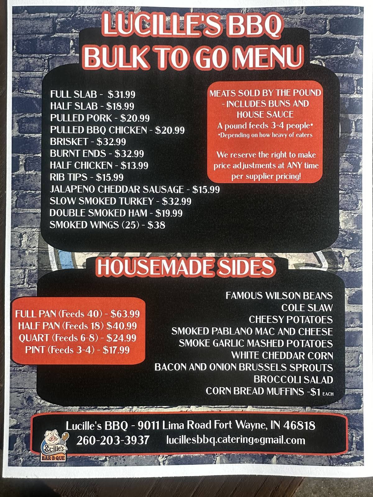 Menu at Lucille's BBQ, Fort Wayne