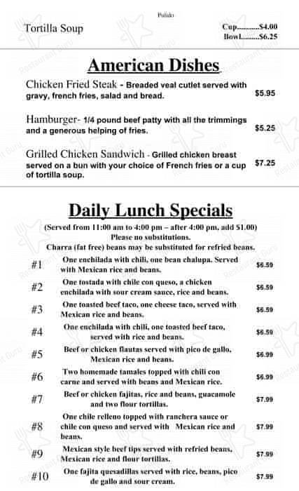 Menu at Pulido's Mexican Restaurant, Fort Worth, Pulido St