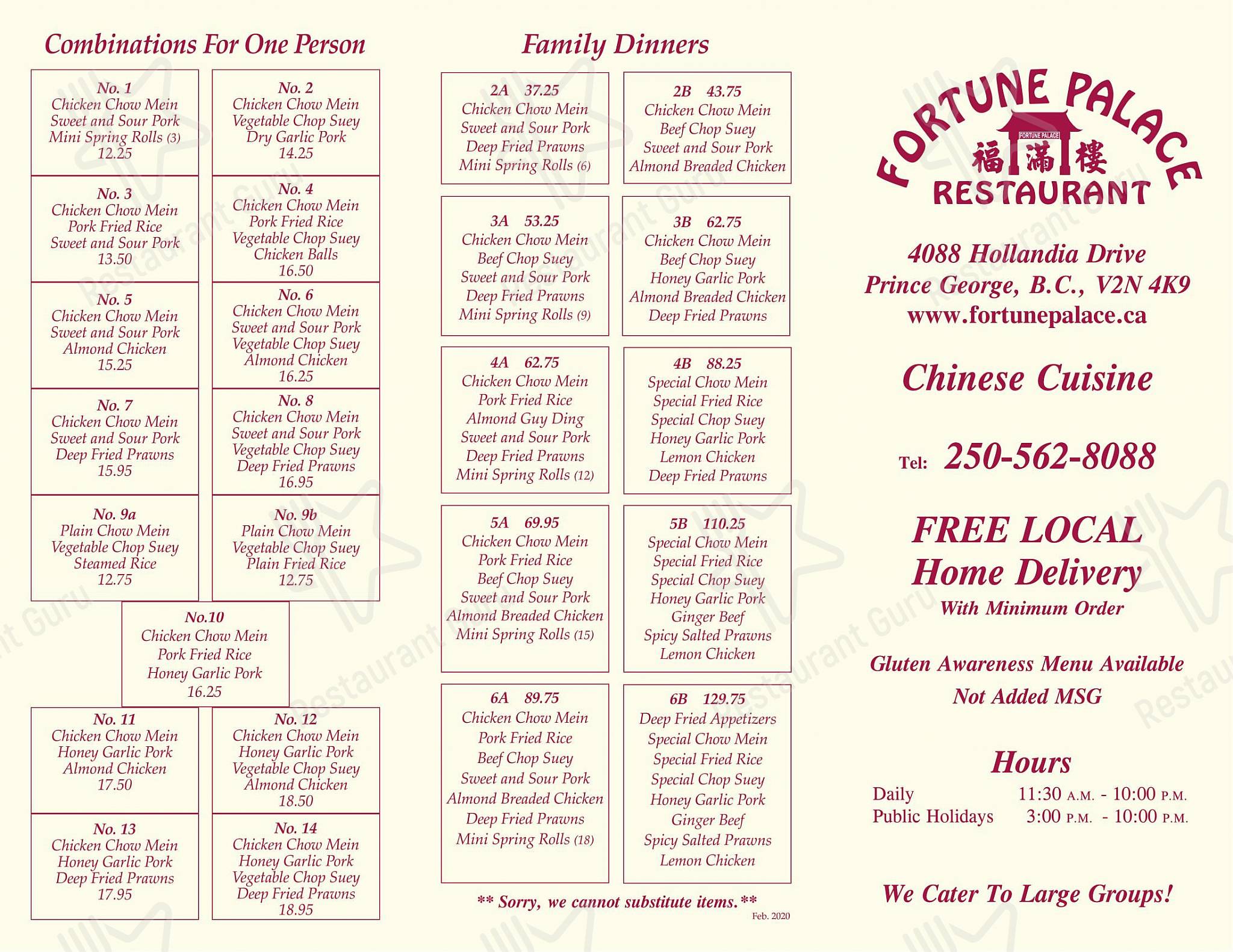 Menu at Fortune Palace Restaurant, Prince George