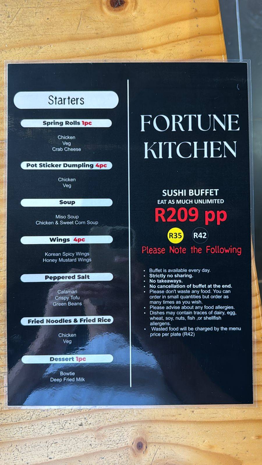 Menu at Fortune Kitchen restaurant, Johannesburg
