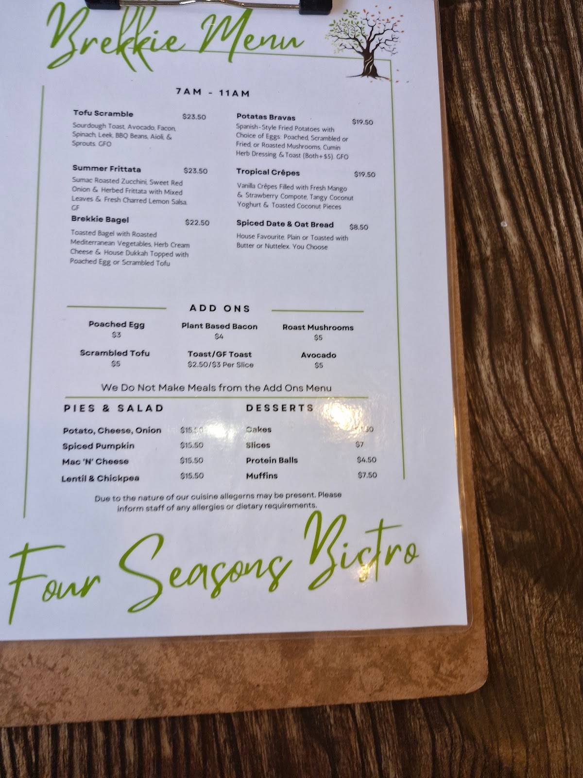 Menu at Four Seasons Bistro restaurant, Mittagong