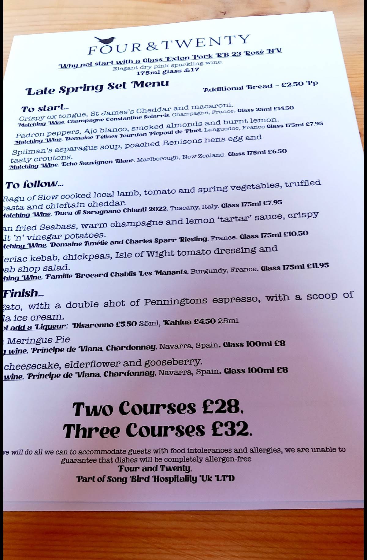 Menu at Four & Twenty restaurant, Penrith