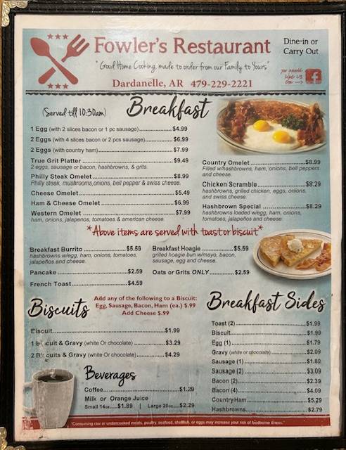 Menu at Fowlers Restaurant, Dardanelle
