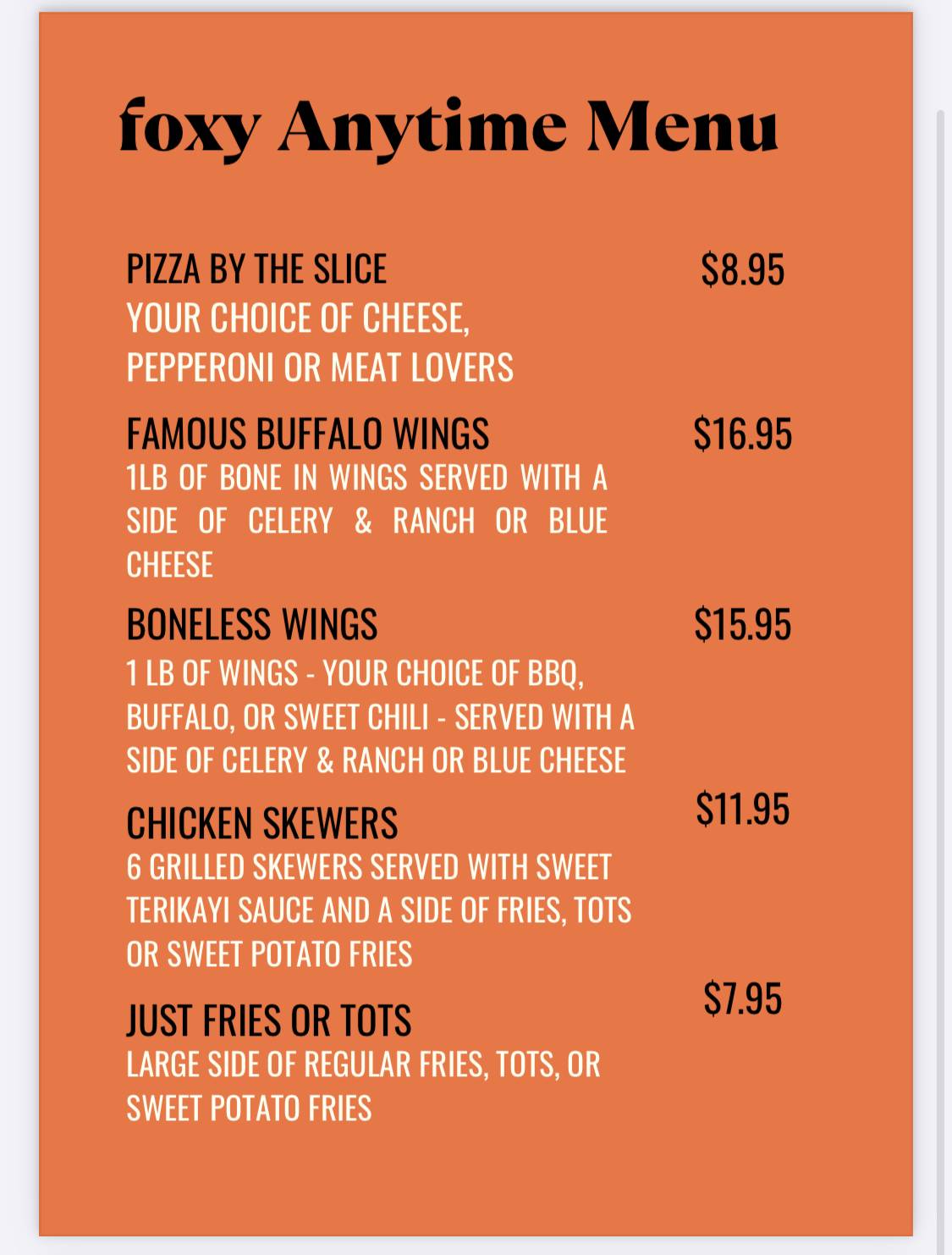 Menu at Foxy Lady Bikini Bar, Tacoma, Pacific Ave S