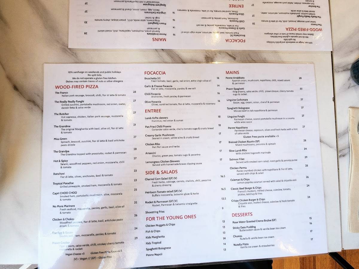 Menu at Franco & Co restaurant, Eltham