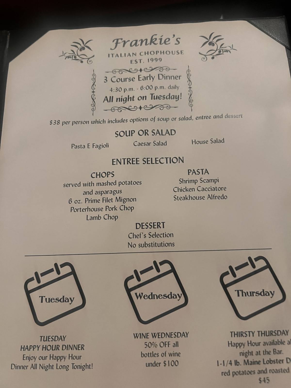 Menu at Frankie's Italian ChopHouse pub & bar, Saint Petersburg