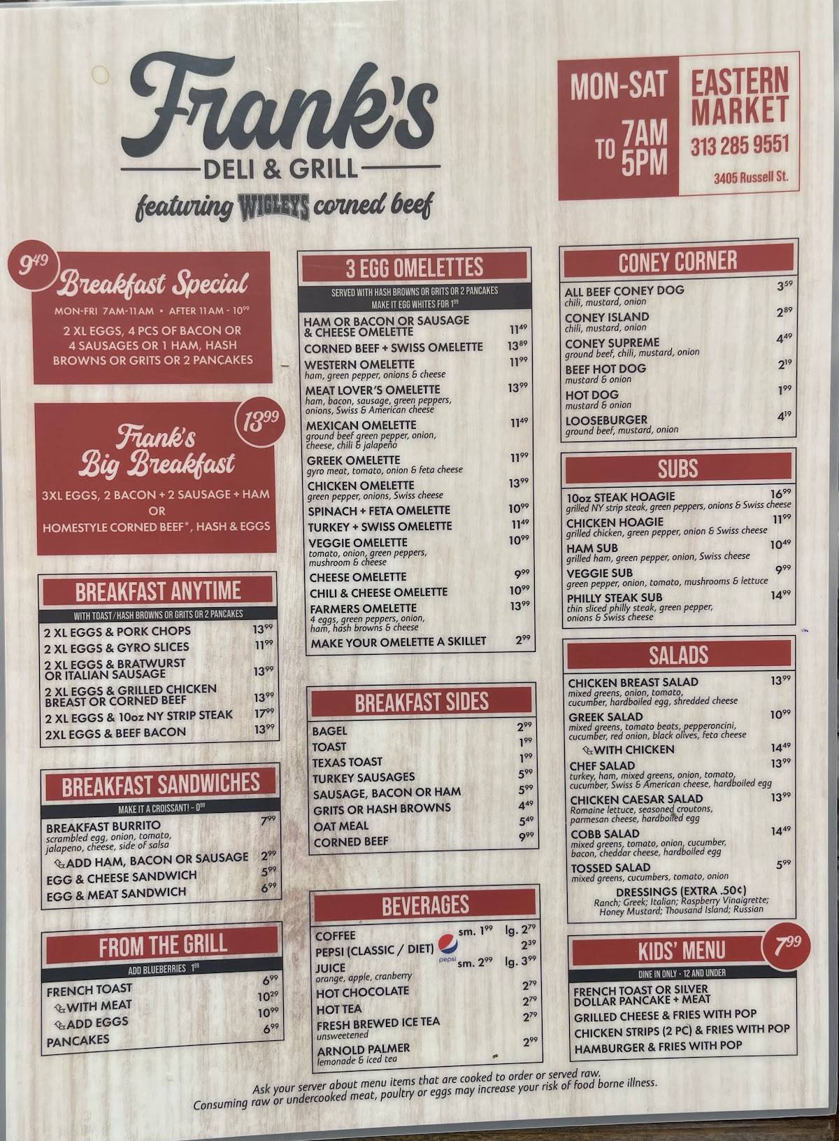 Menu at Frank's Deli & Grill restaurant, Detroit