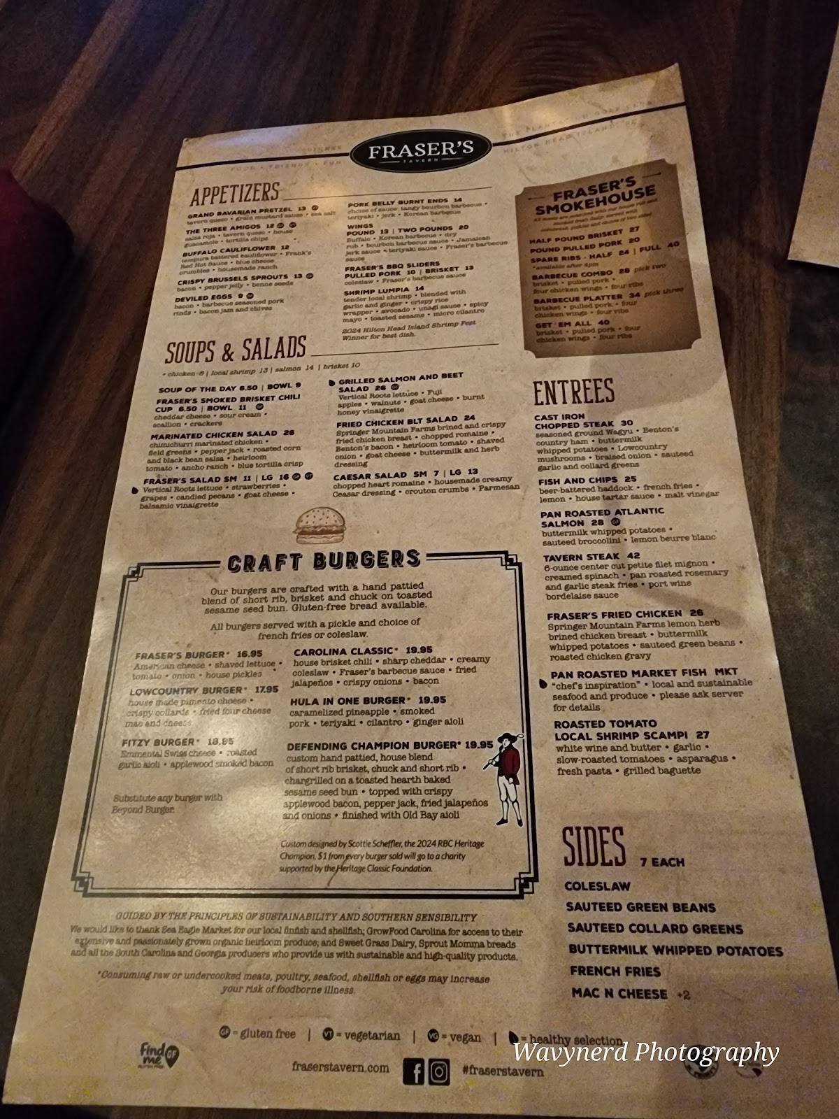 Menu at Fraser's Tavern BBQ, Hilton Head Island, 100 N Sea Pines Dr