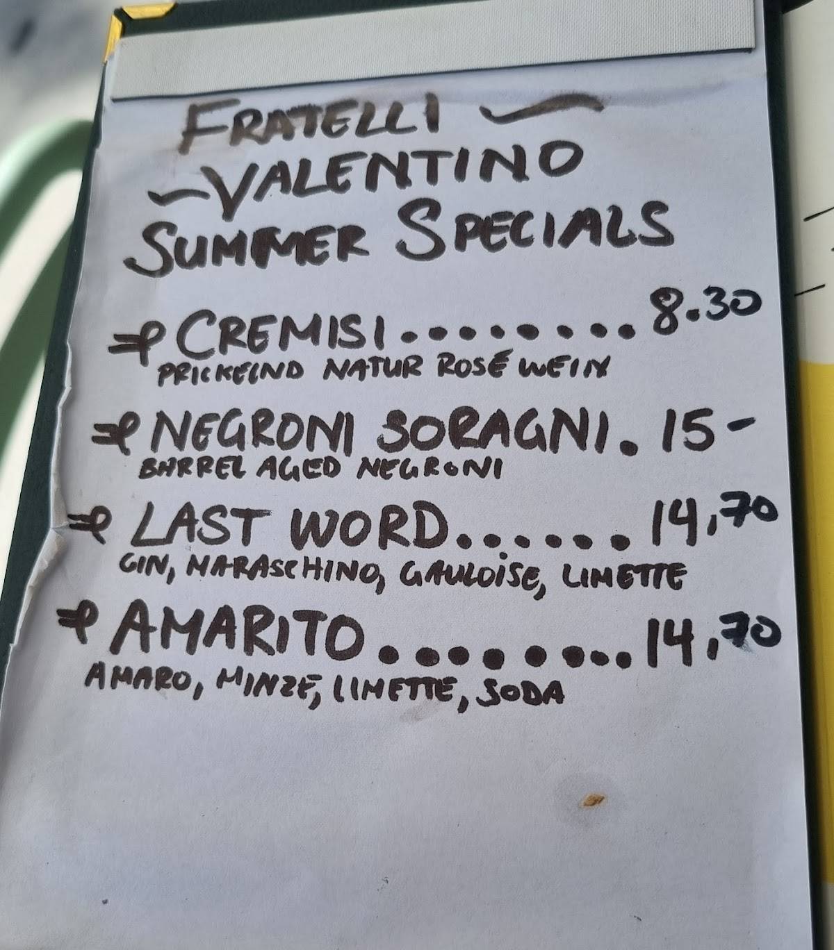 Menu au Fratelli Valentino caseificio restaurant, Vienne