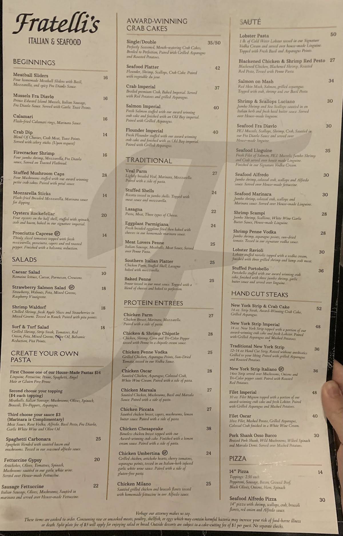 Menu at Fratellis Italian Restaurant, Hampstead