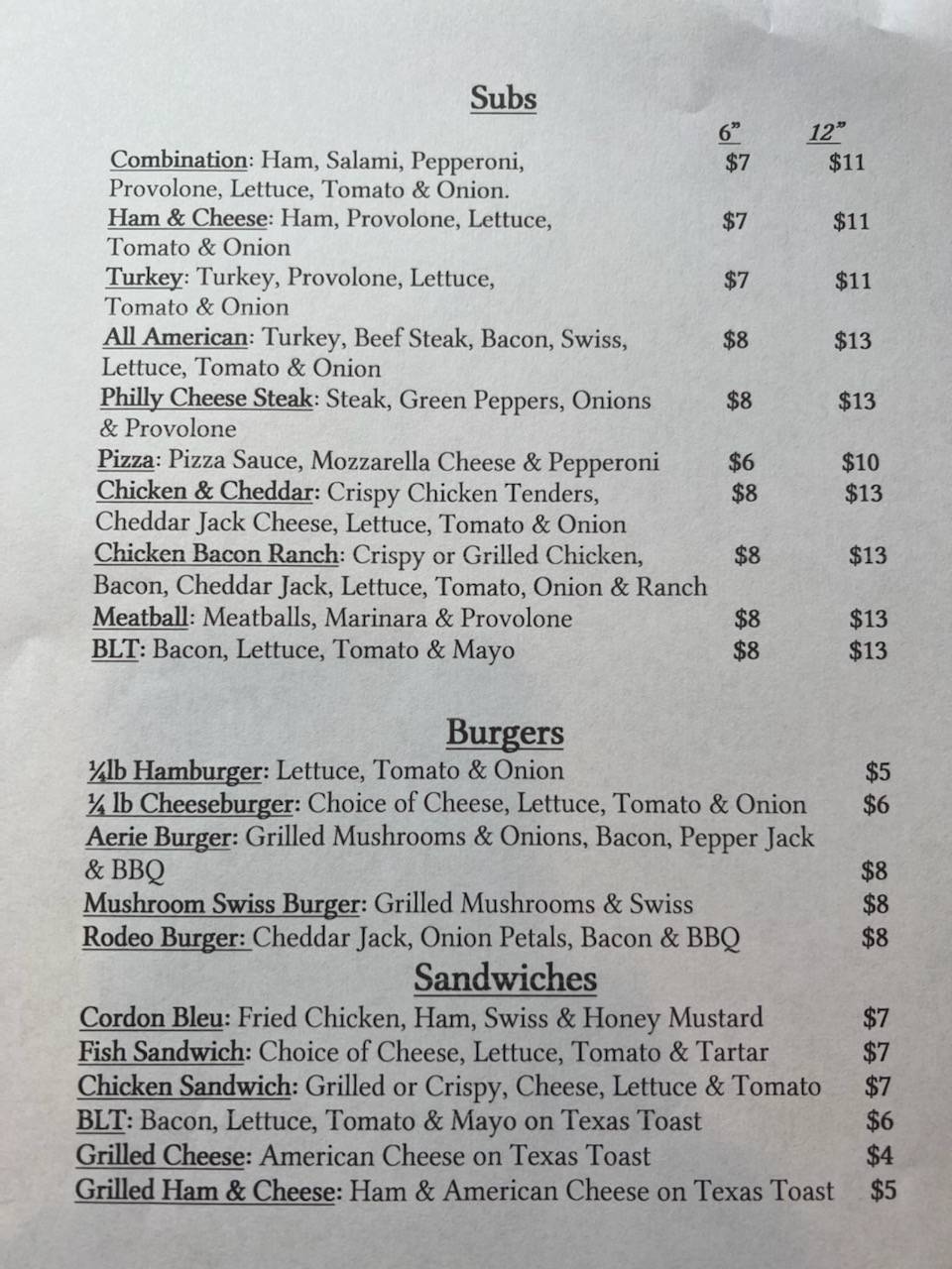 Menu at Fraternal Order of the Eagles restaurant, Wattsburg