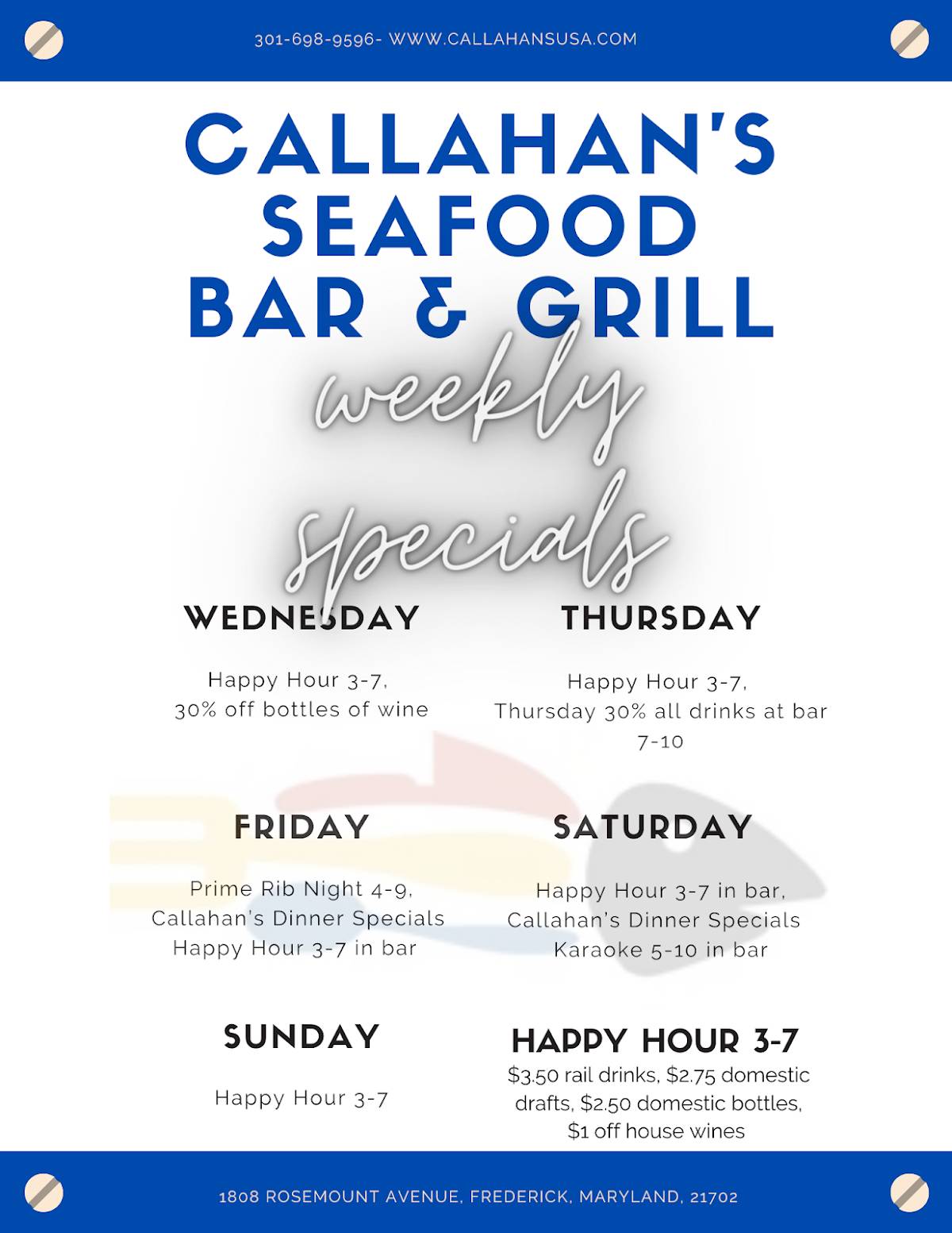 Menu at Callahan's Seafood Bar & Grill, Frederick