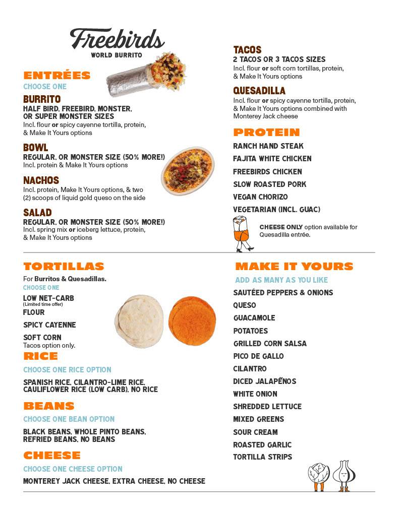 Menu at Freebirds World Burrito restaurant, Temple
