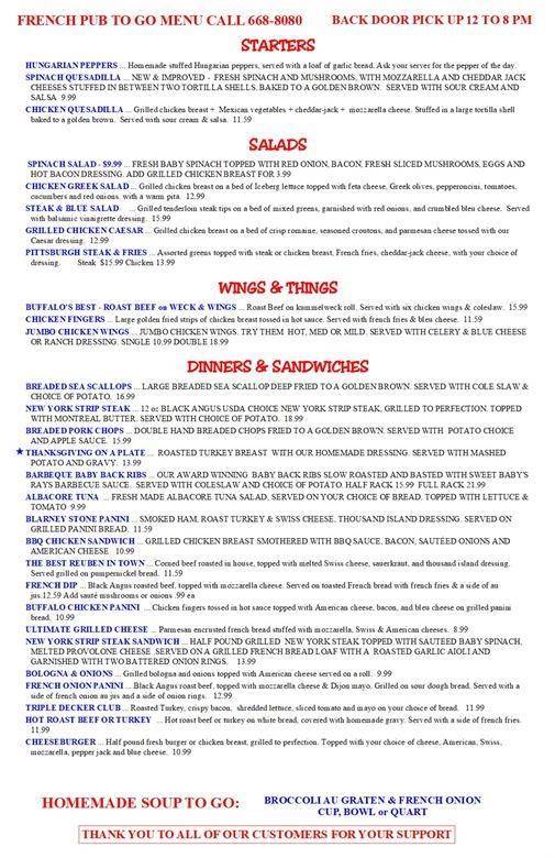 Menu at French Pub, Depew