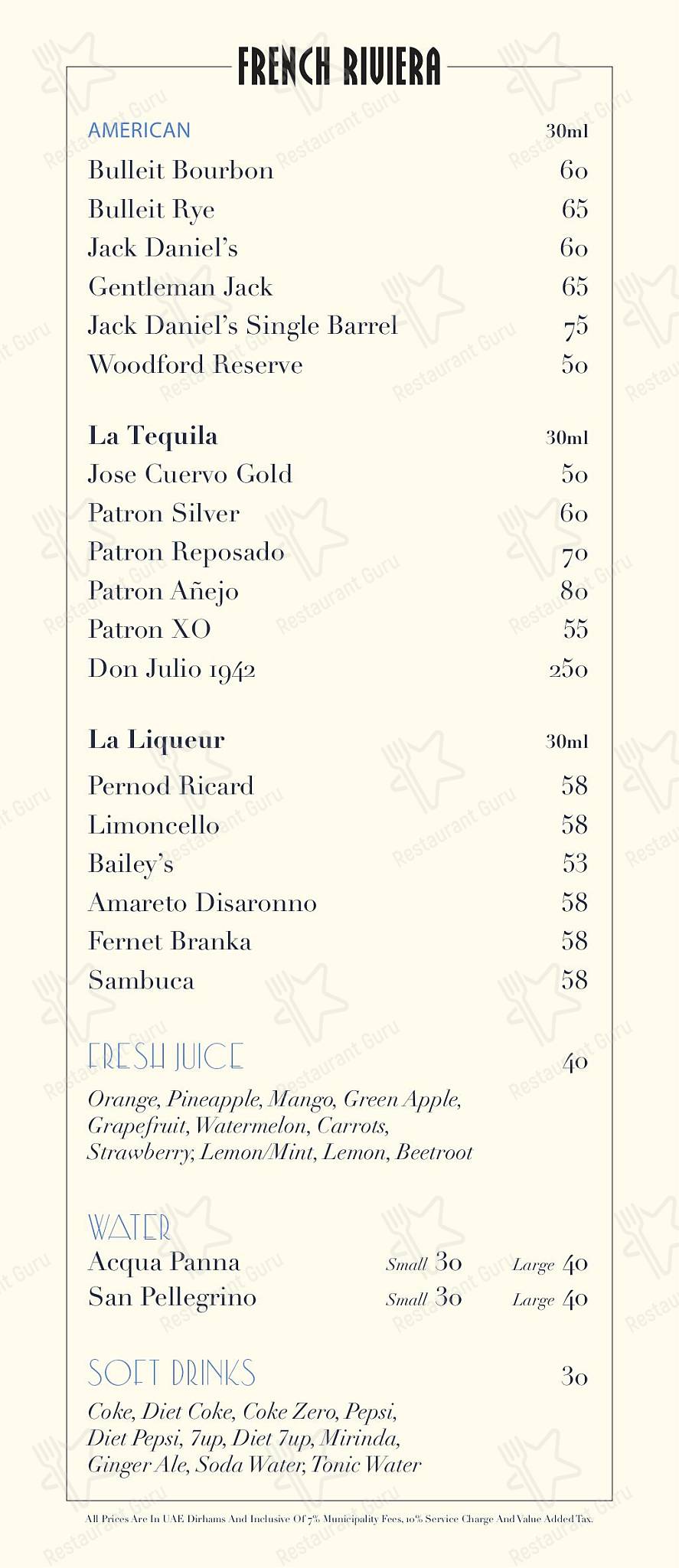 Menu at French Riviera restaurant, Dubai