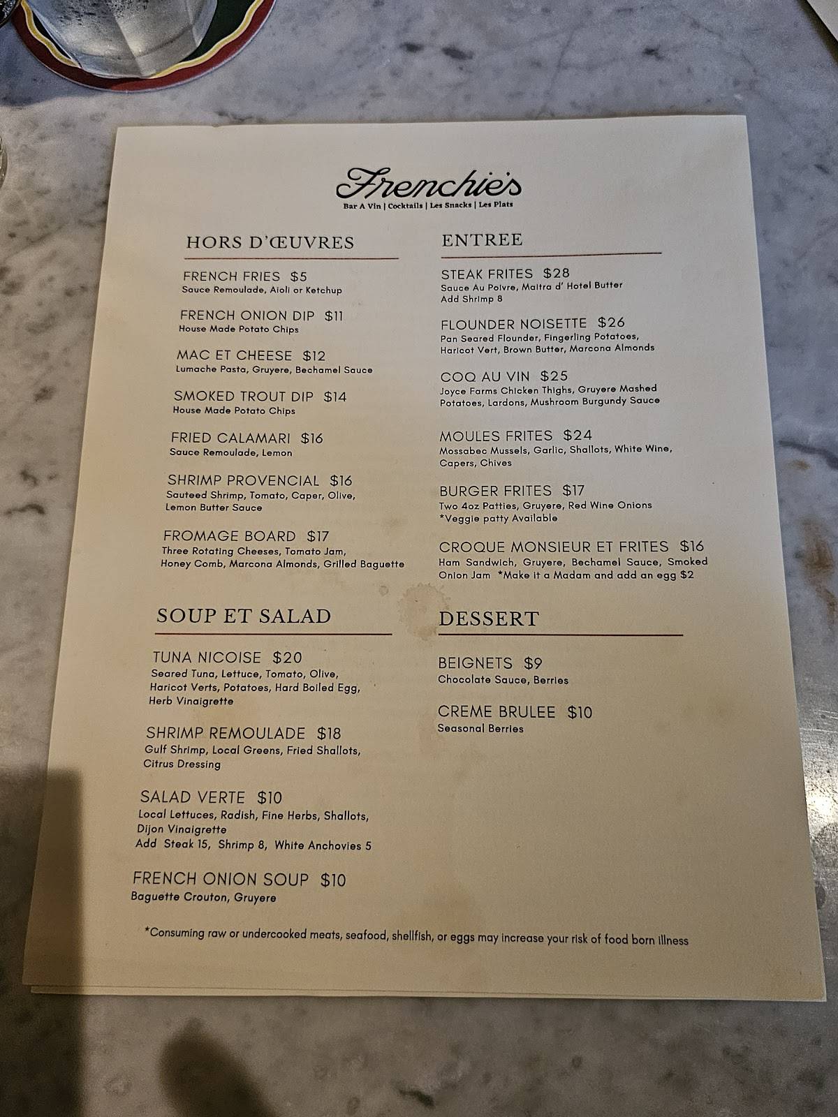 Menu at Frenchie's pub & bar, Montgomery
