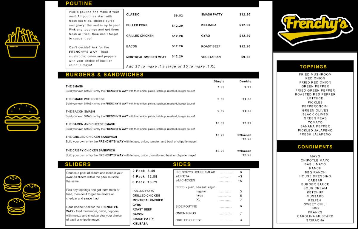 Menu at Frenchy's Poutinery fast food, Windsor