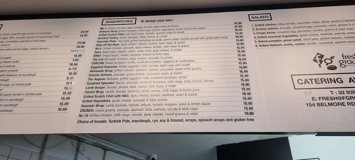 Menu at Fresh Ground Sandwiches & Espresso restaurant, Randwick