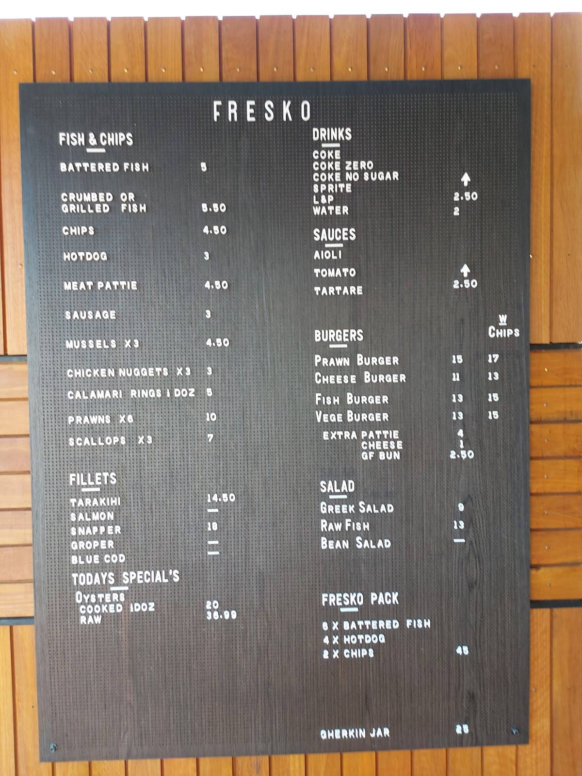 Menu at Fresko Fish & Chips / Fish Market restaurant, Wellington
