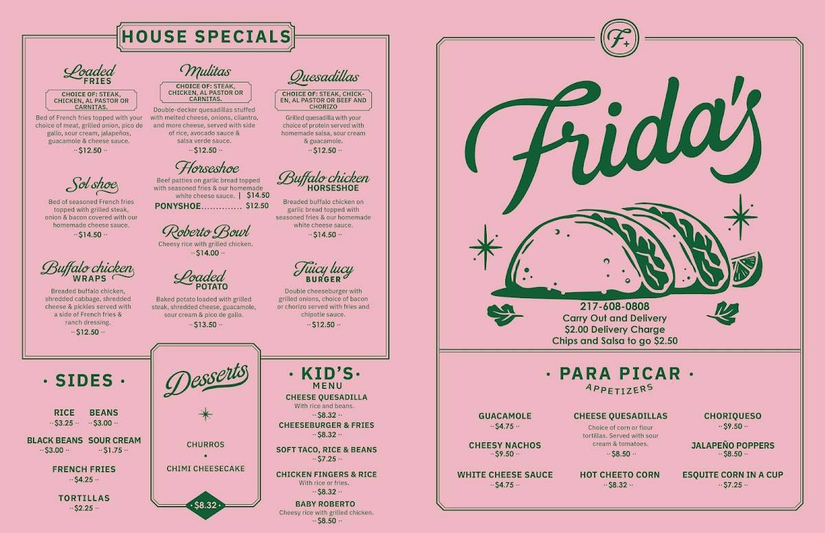 Menu at Frida’s Tacos restaurant, Taylor Springs