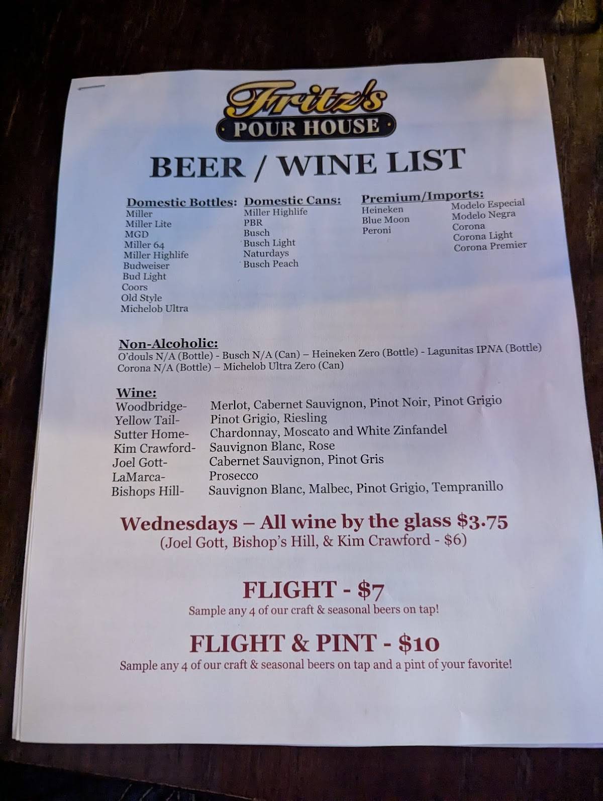 Menu at Fritz's Pour House Bar, Joliet