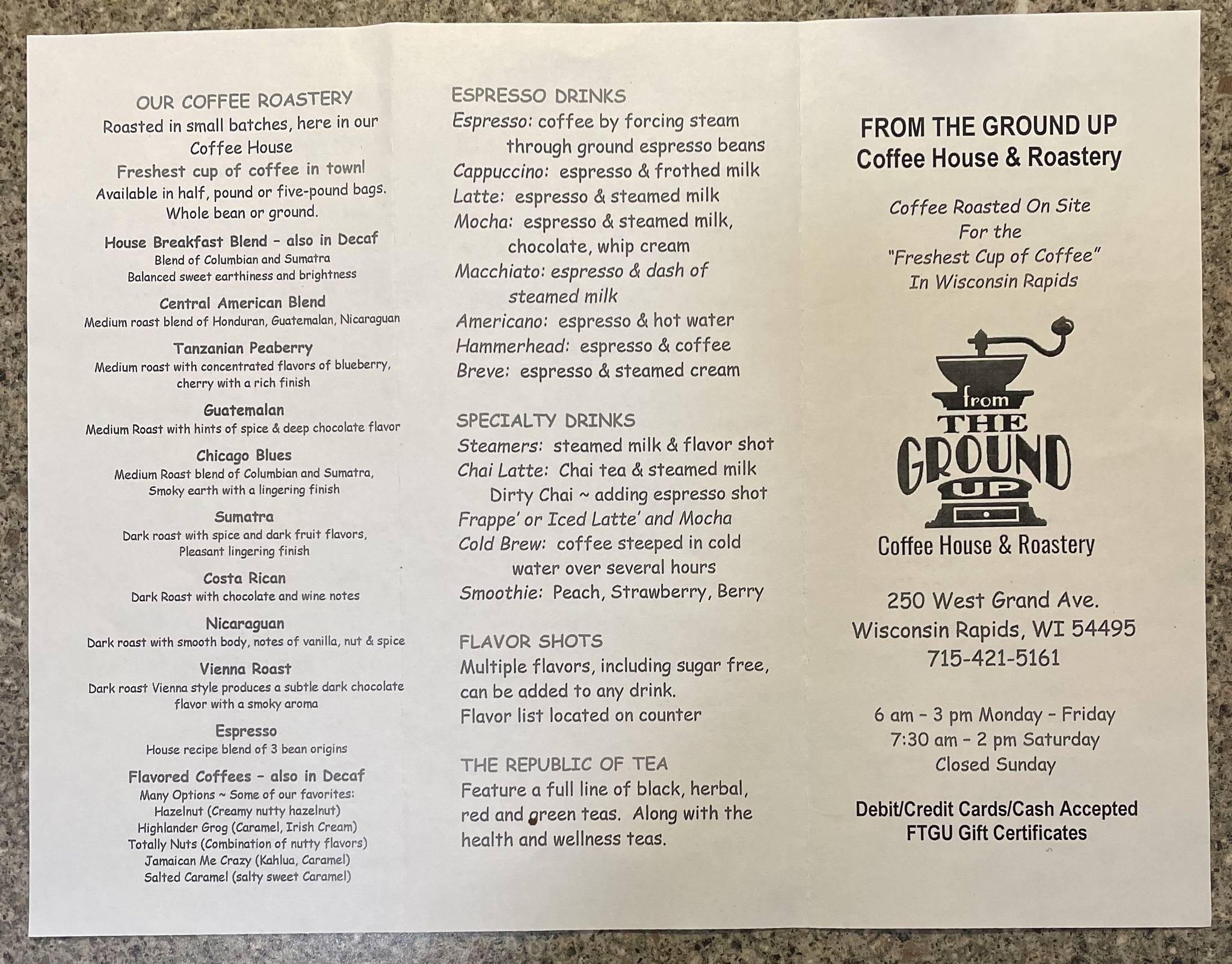 Menu at From The Ground Up cafe, Wisconsin Rapids
