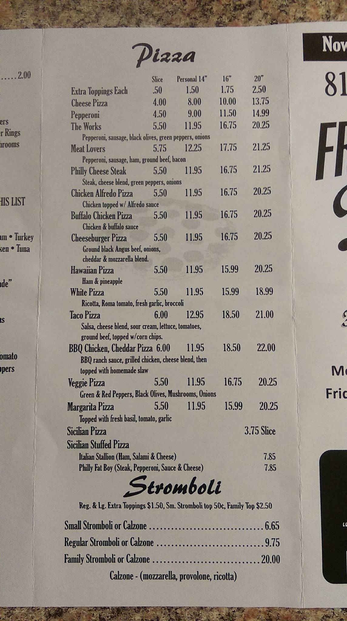 Menu at Front Street Deli of Hollidaysburg PA pizzeria, Hollidaysburg