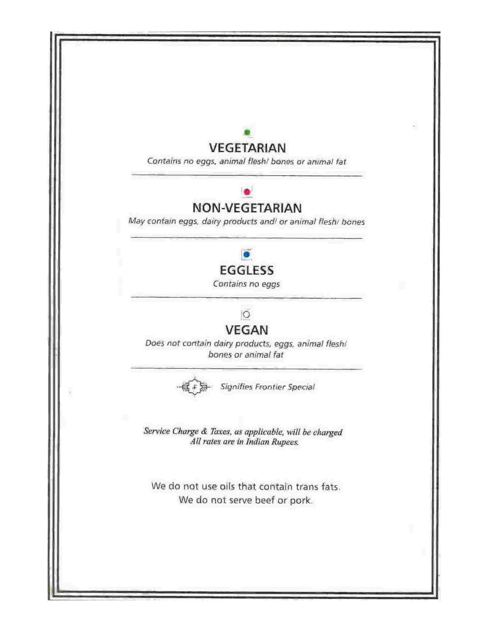 Menu at Frontier, New Delhi, The Ashok