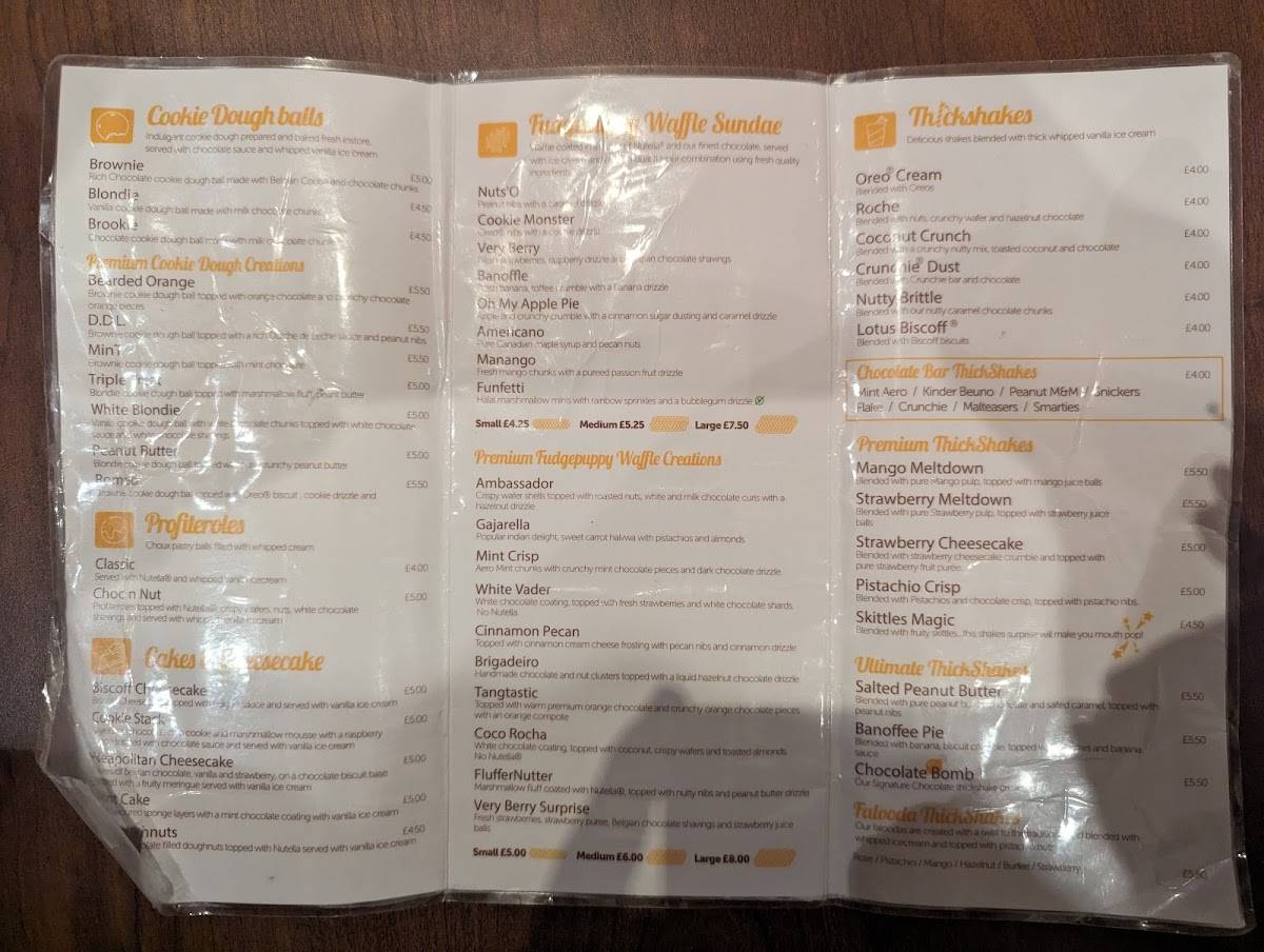 Menu at Fudge Puppy desserts, Leicester